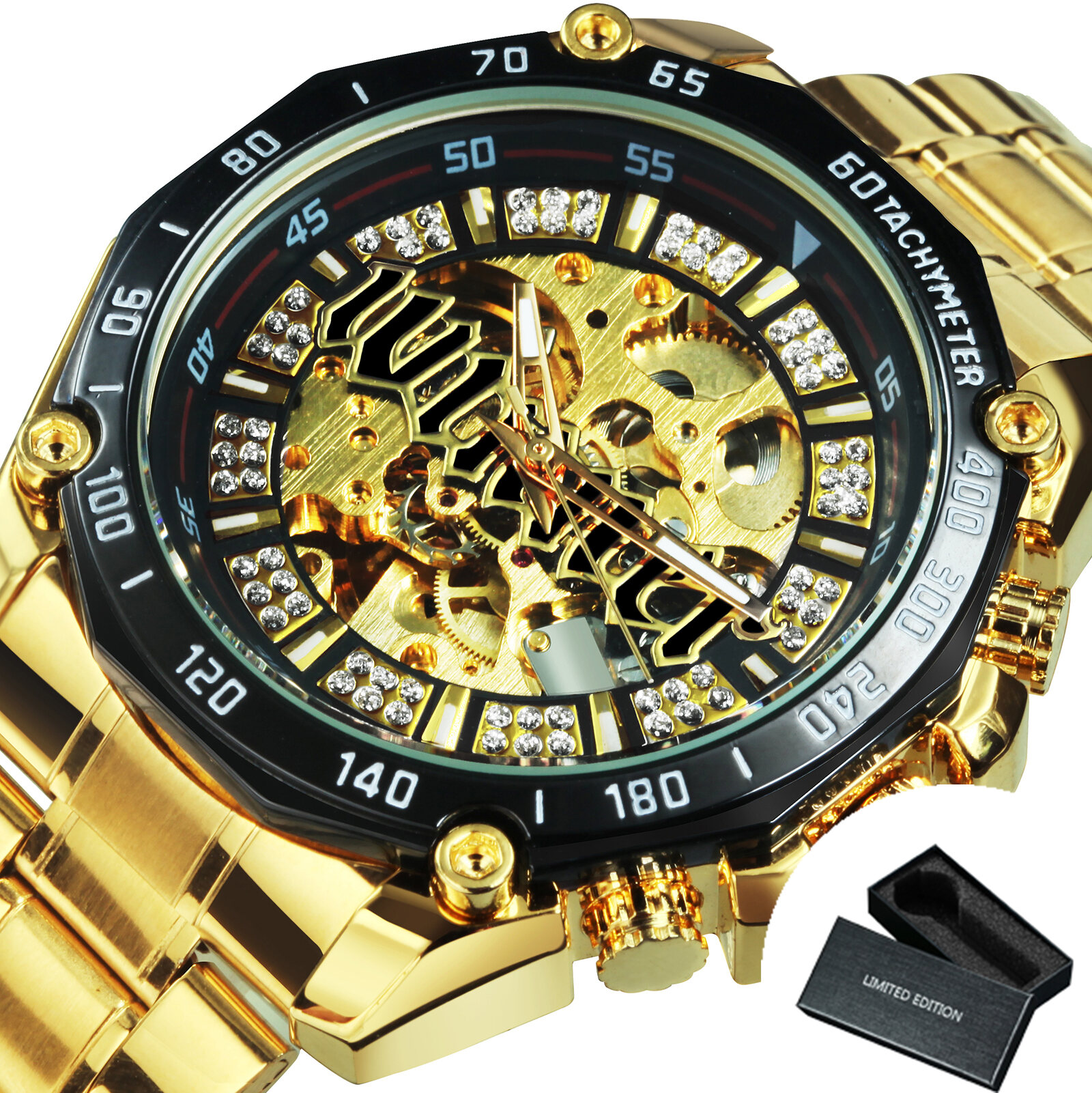 WINNER Military Gold Automatic Watch for Men Luxury Iced Out Skeleton ...