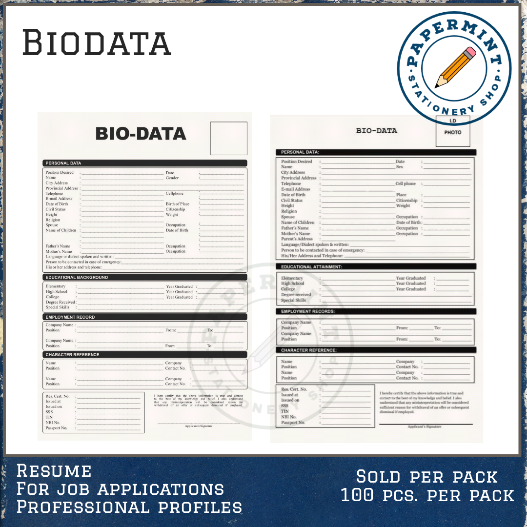Biodata Form Sheet, Resume, Application Forms - Professional Quality ...
