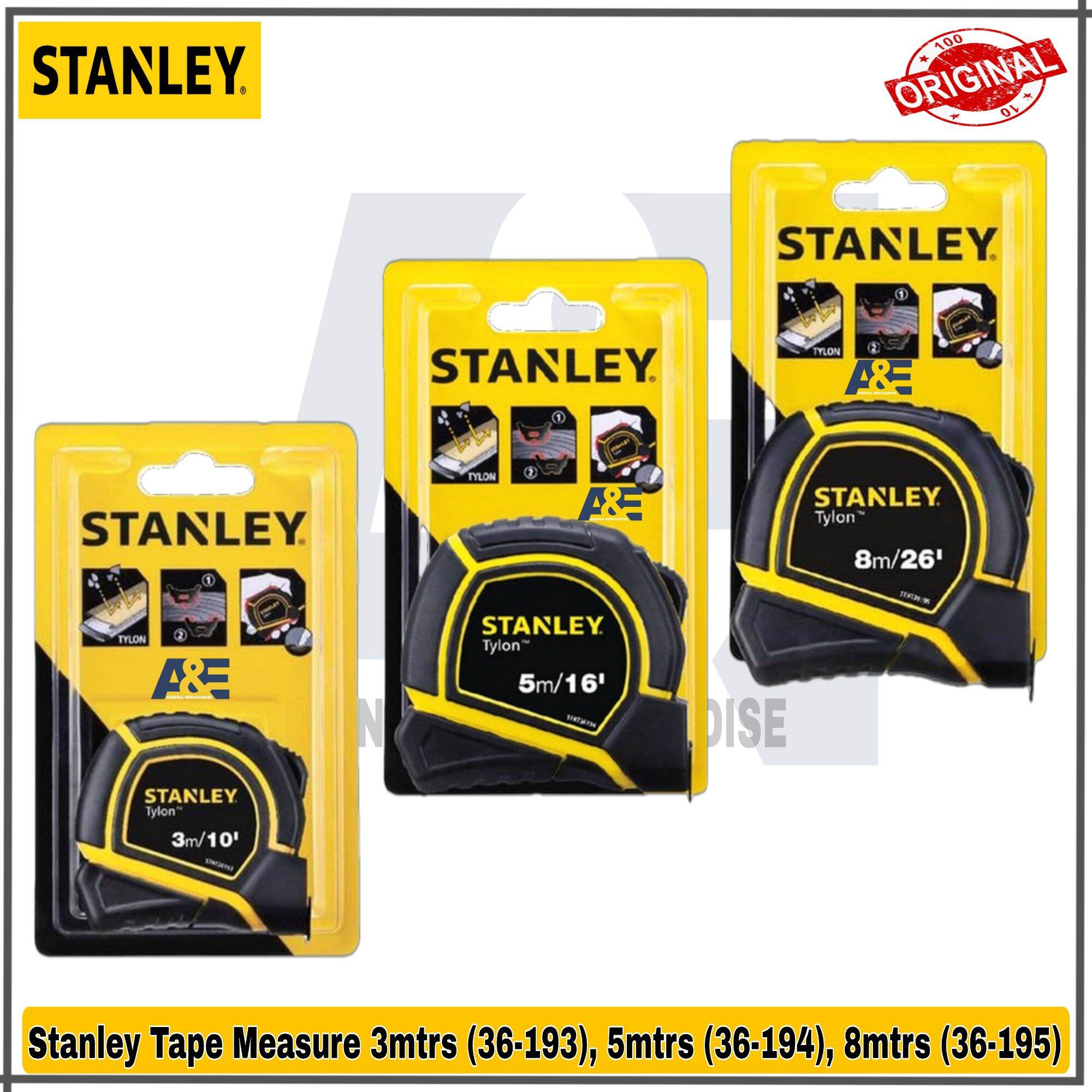 Stanley Tylon Tape Measure 3mtrs (36-193), 5mtrs (36-194), 8mtrs (36 ...