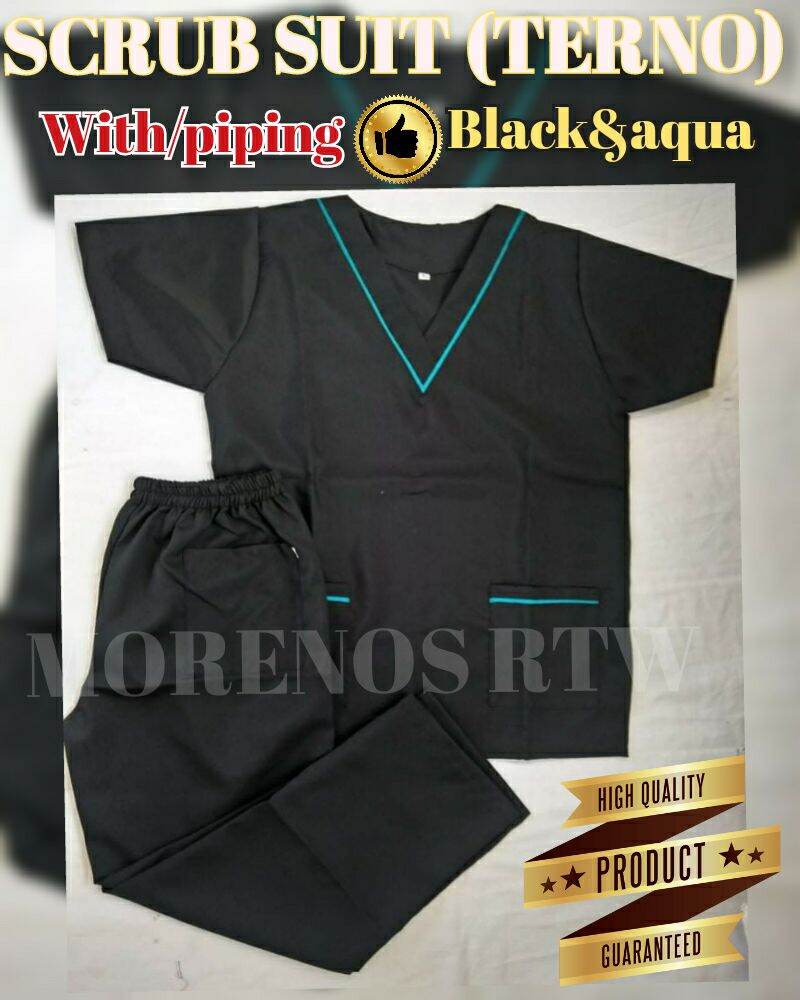 Black&aqua piping unisex (SCRUB SUIT TERNO) katrina fabric | Lazada PH
