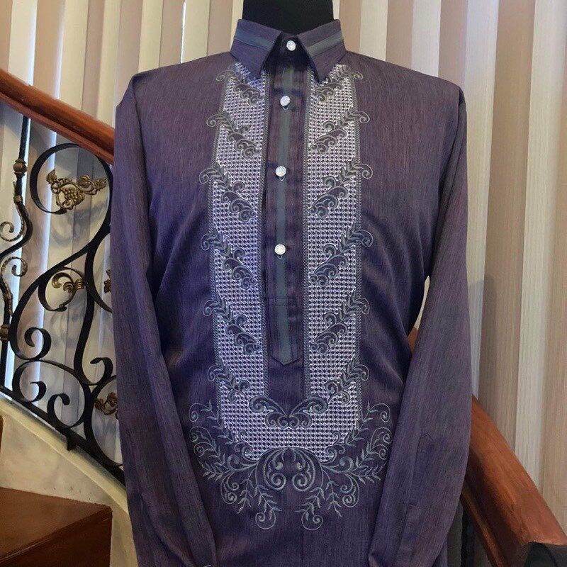 Long Sleeves Polo Barong w/ Computerized Embroidery Lavender Dark ...
