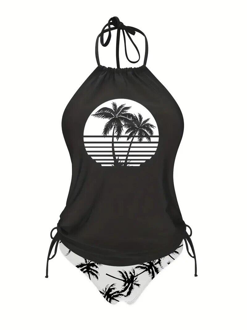 Coconut Tree Sunset Pattern Drawstring Two Piece Swimsuit, Strapless ...