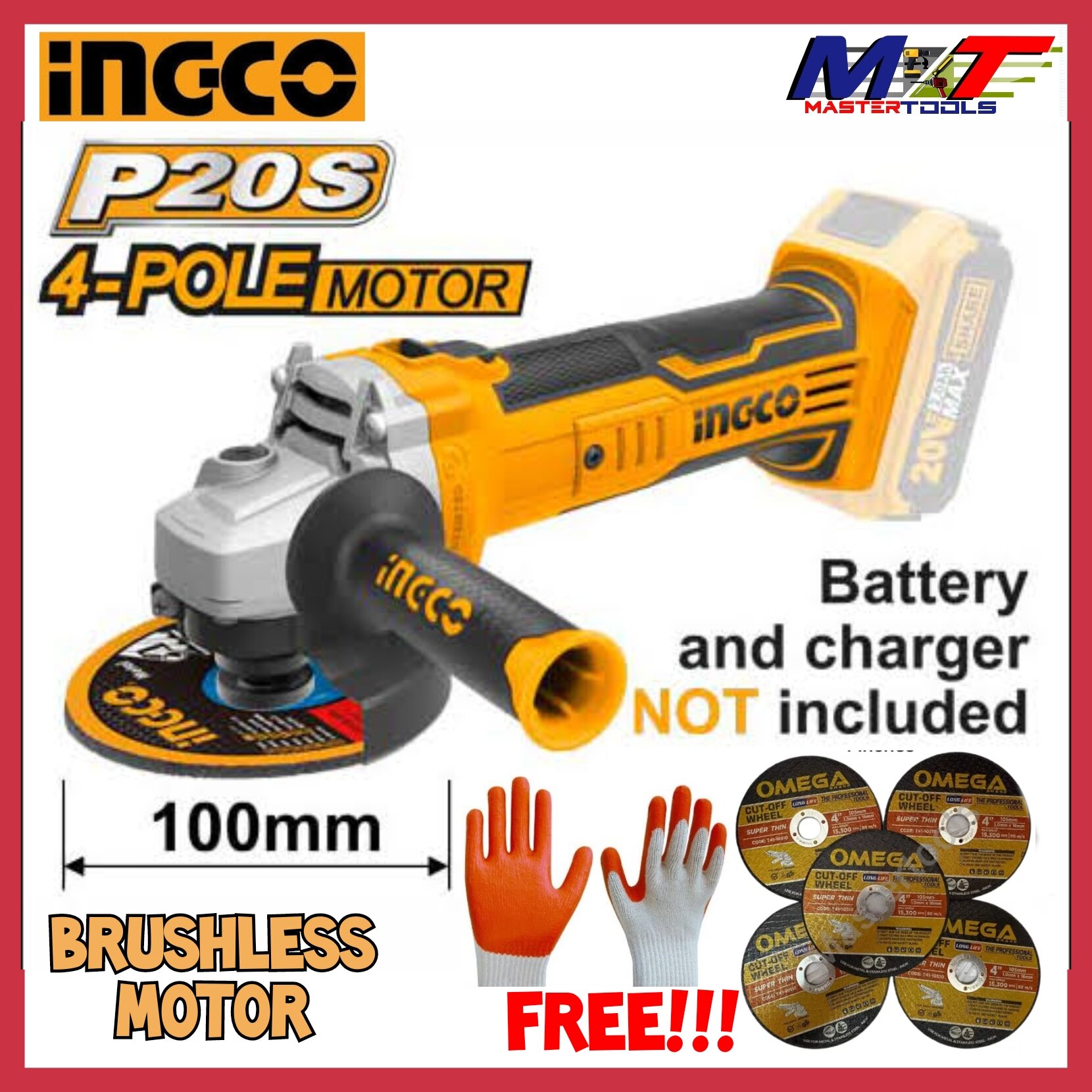 Ingco cordless angle grinder 20V CAGLI1001 Brush less PLUS FREEBIES ...