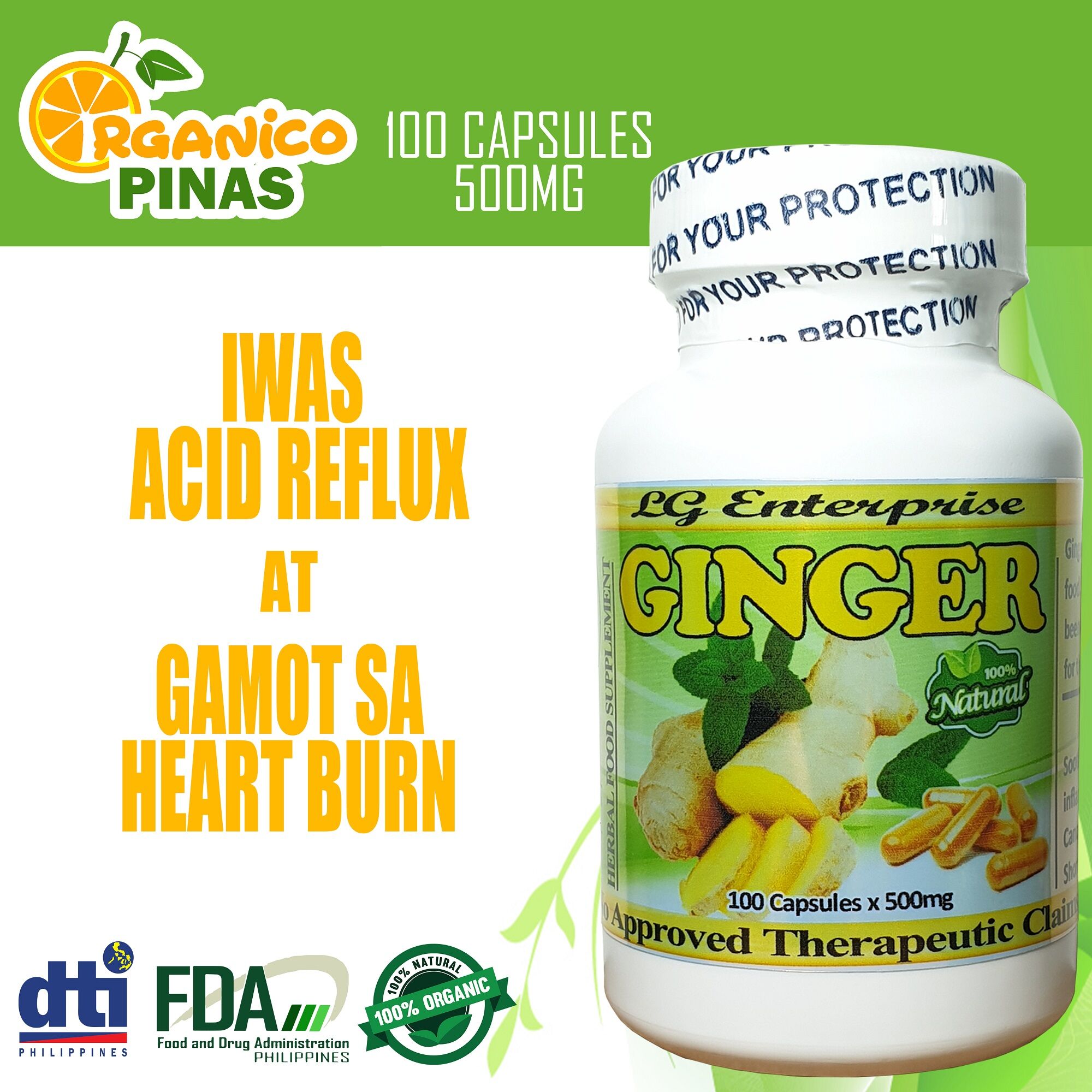Ginger Iwas ACID REFLUX at Gamot sa HEART BURN 100 Capsules 500mg ...