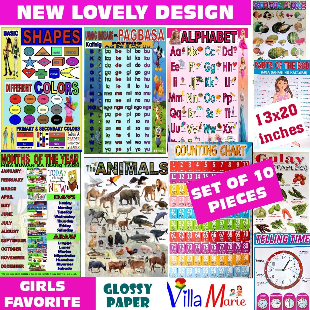 GIRLS FAVORITE 10 EDUCATIONAL CHARTS SET UNANG HAKBANG sa Pagbasa ABC ...