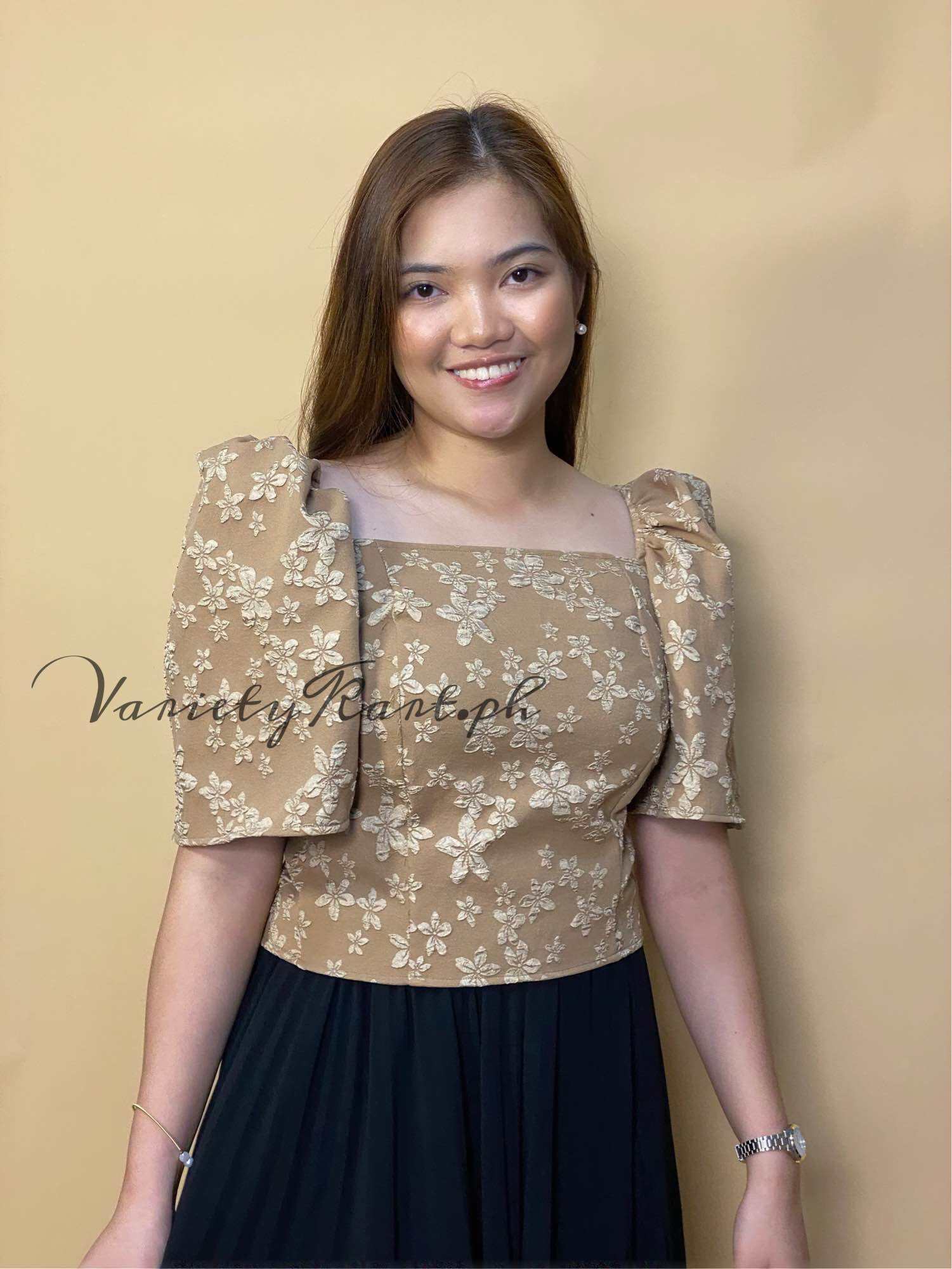Modern Brown Embossed Top - Puff Sleeve Kimona