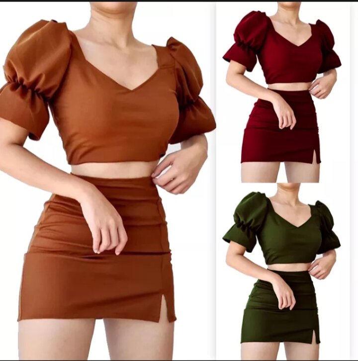 W.E.W Korean Terno Plain Puff Sleeve Crop. Trending Top Skirt Terno For ...
