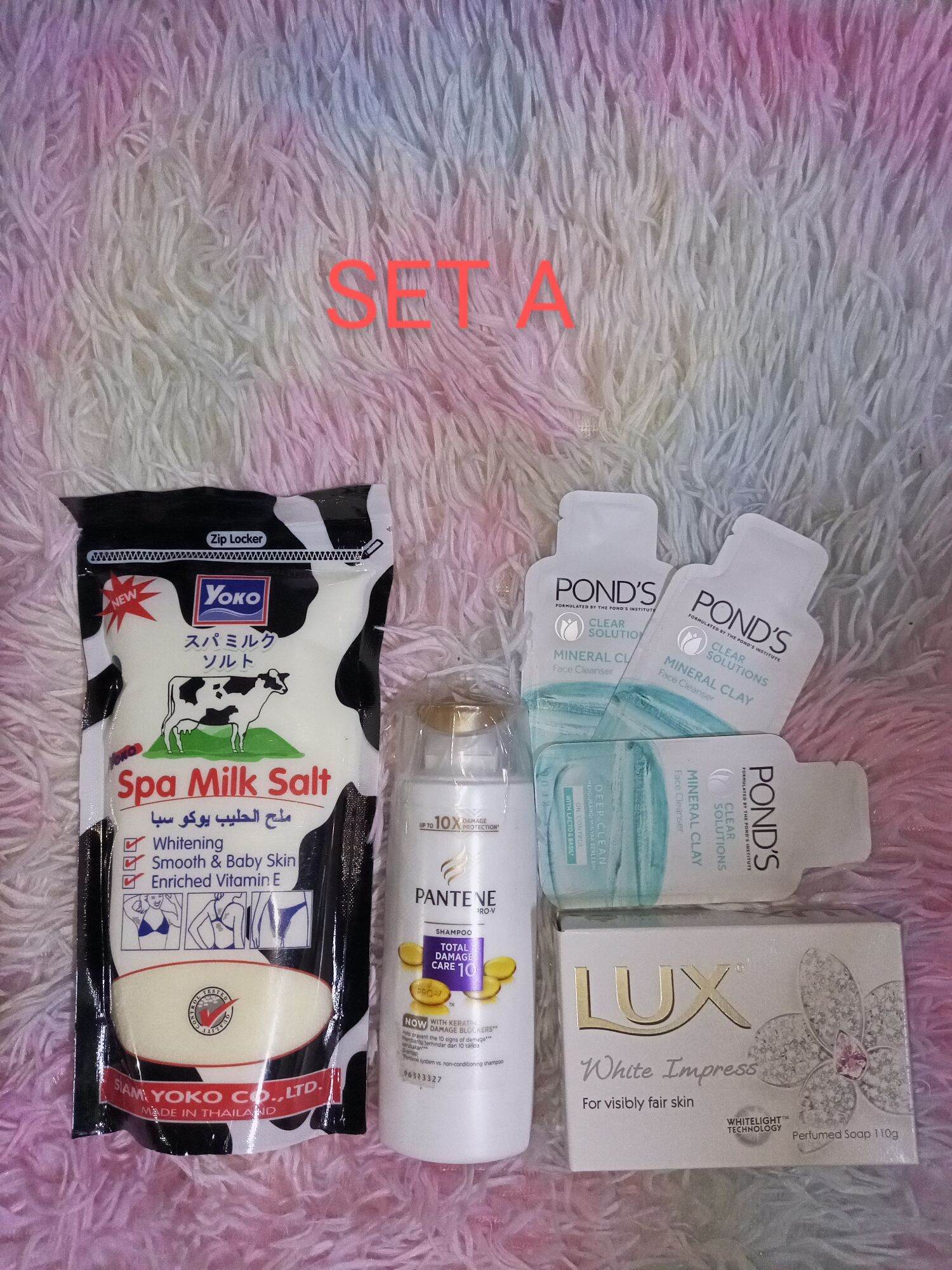 Body scrab salt +Pantene shampoo + lux soap + Ponds Facial clay ...