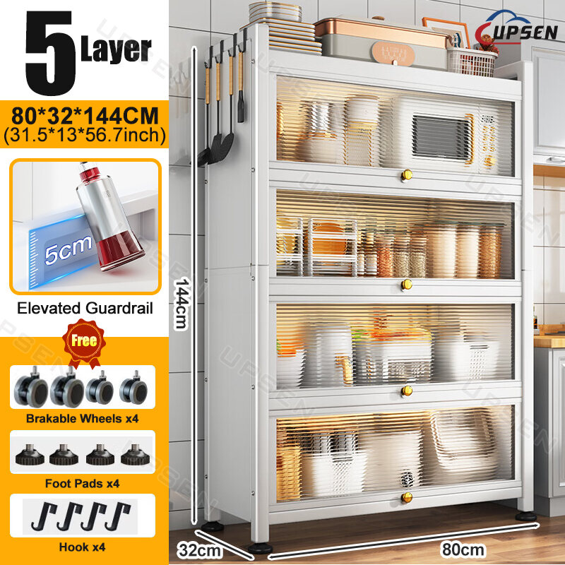 3/4/5 Layers Kitchen Rack Dustproof Storage Cabinet Carbon Steel Multi ...