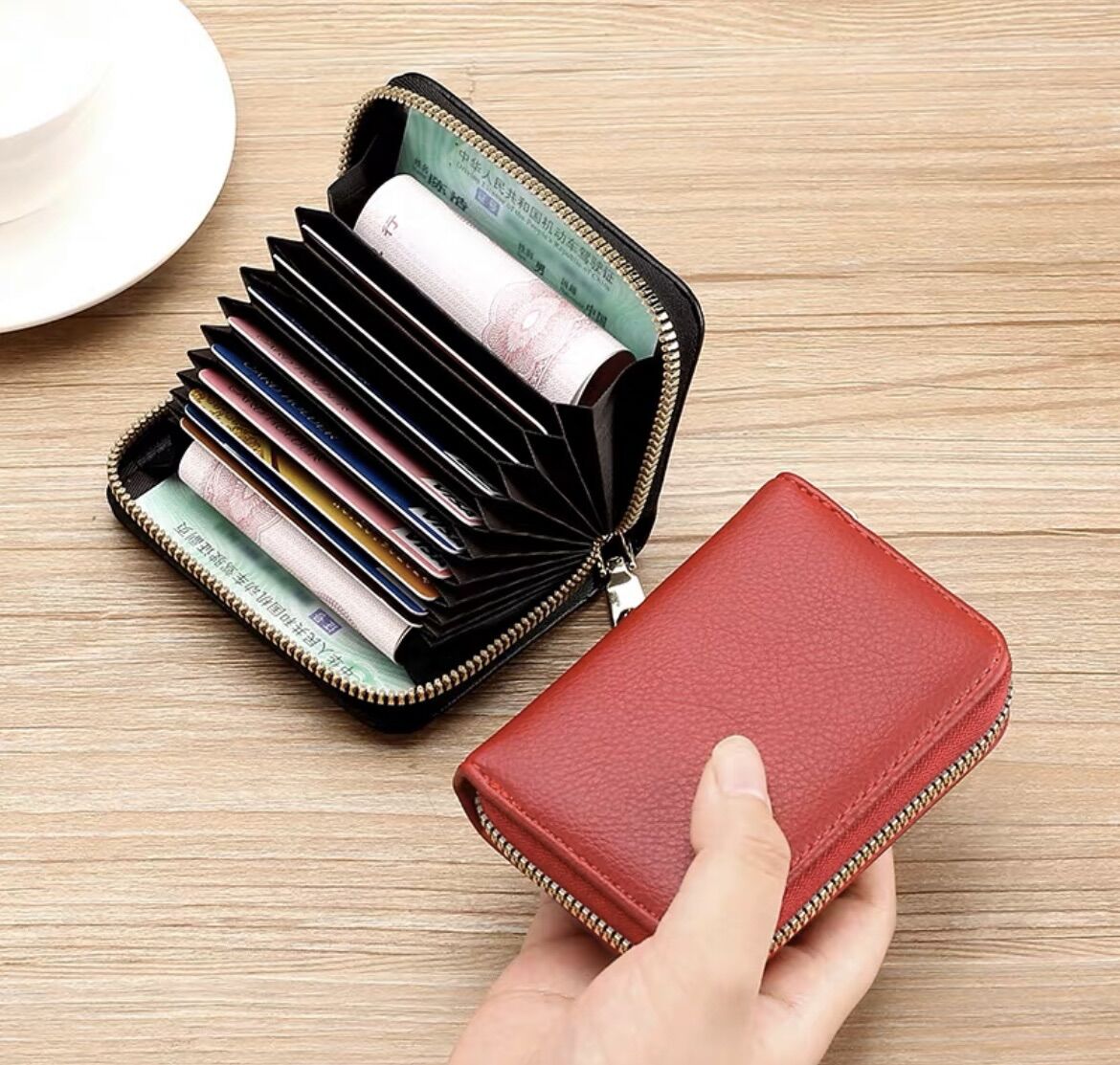 Leather large-capacity multi-card slot organ zipper compact bank card ...