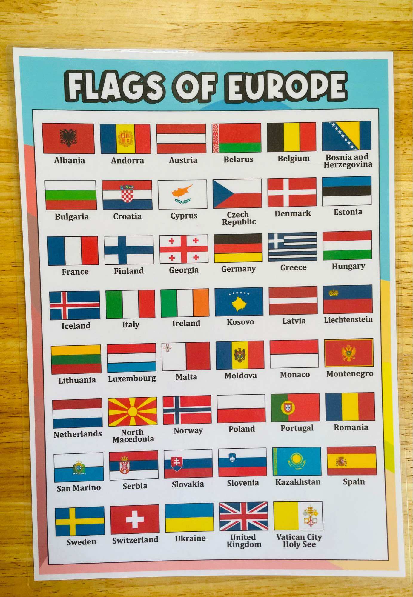 Flags America Asia Europe Africa Australia Laminated Chart A4 Size ...