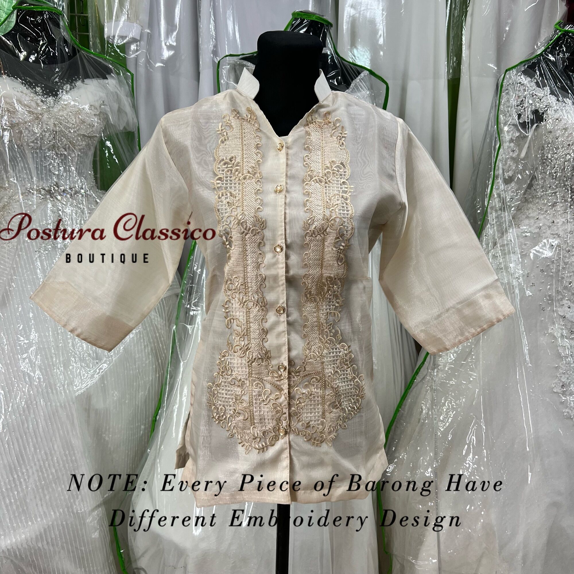 Ladies Barong 3/4 Sleeve Marian Blouse w/ Beige Embroidery Design ...