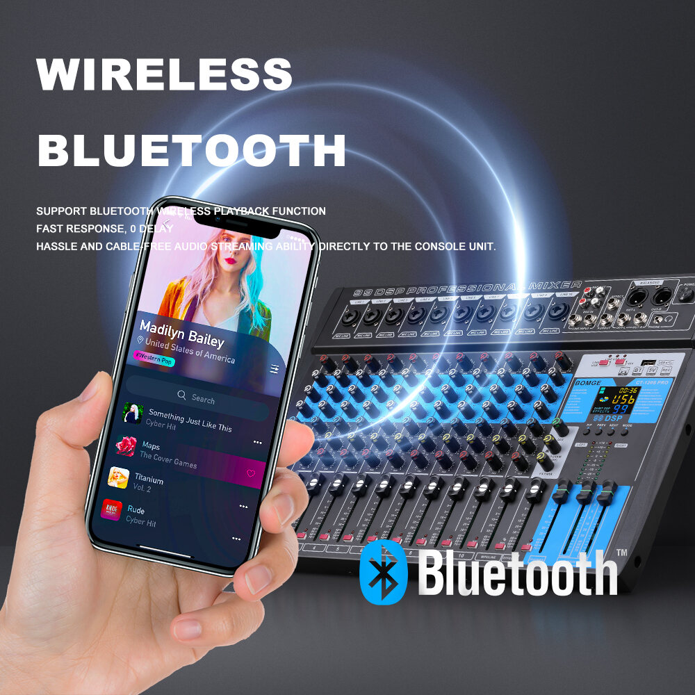 BOMGE Professional dj Mixer Sound Board Console 12 Channel Desk System USB-B Recording 99 DSP ...