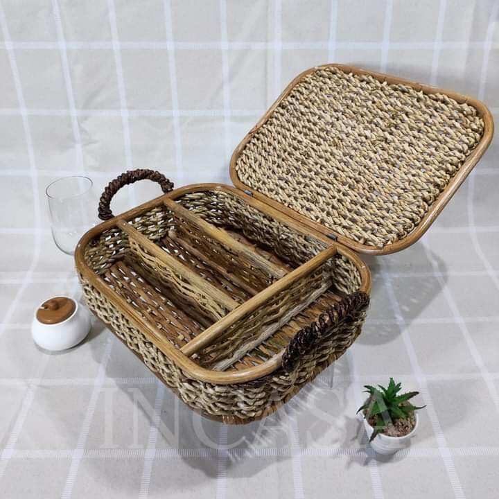Rattan Spoon and Fork Organizer Cutlery Basket with Dividers and Cover ...