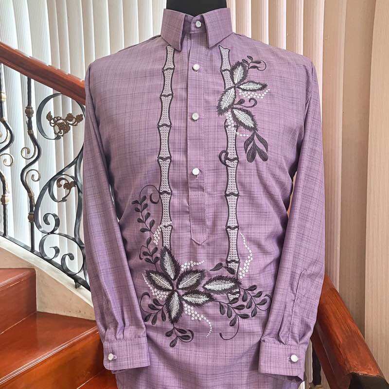 Long Sleeves Polo Barong w/ Computerized Embroidery. Dark Violet ...