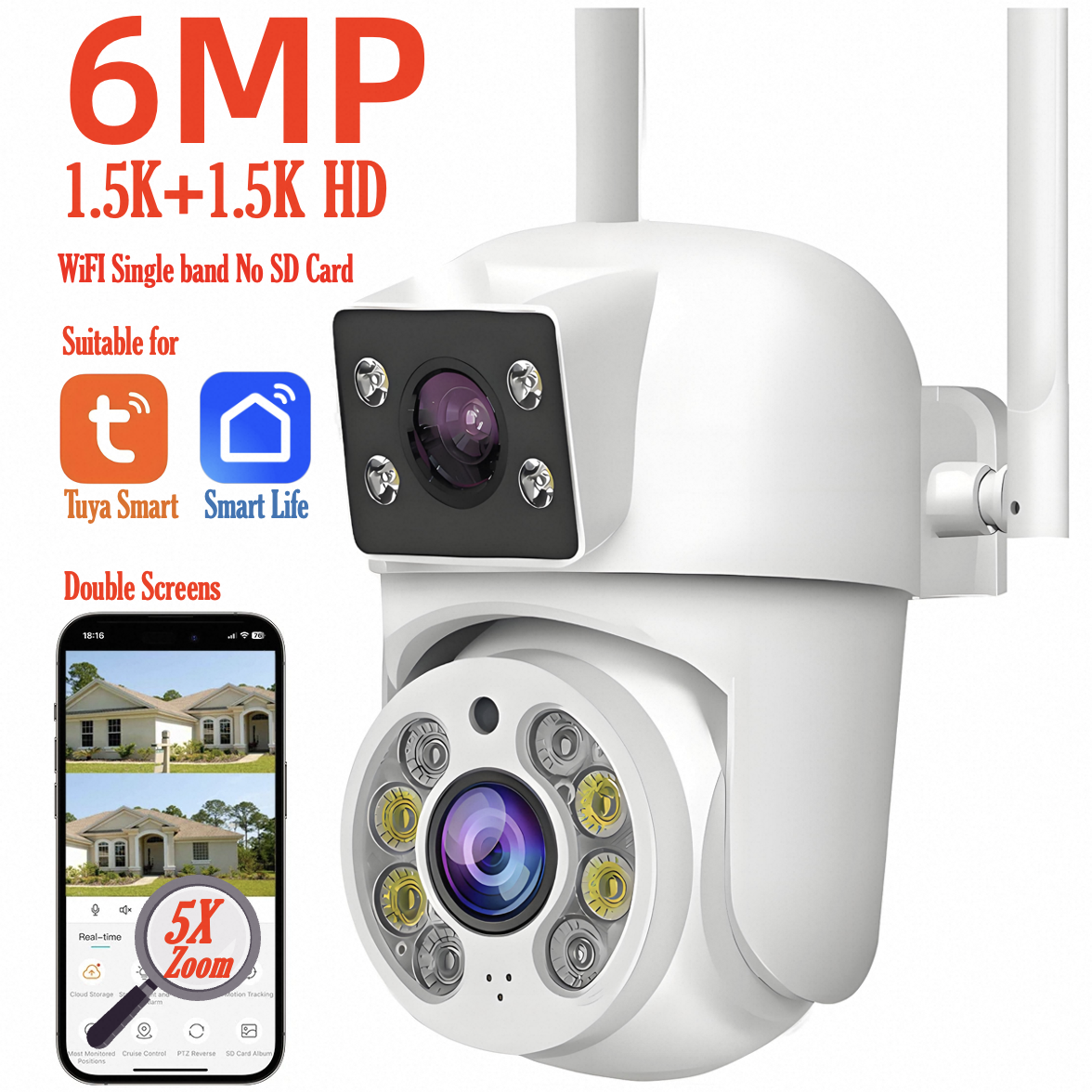 Tuya 8MP WIFI IP Camera PTZ Dual Lens Dual Screen Manual Detection Full ...