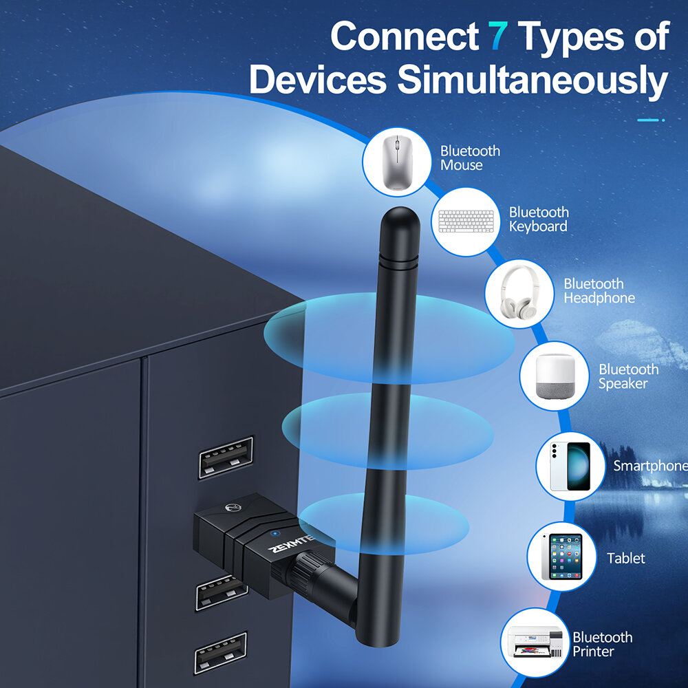 Zexmte USB Bluetooth 5.4 Dongle Adapter 492FT 150M Long Range Adaptador ...