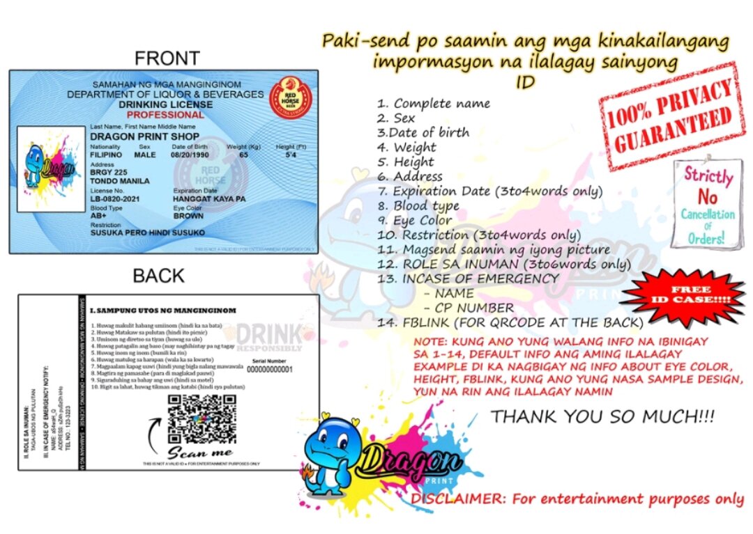 Drinking License Personalized PVC Card For Entertainment Purposes Only ...