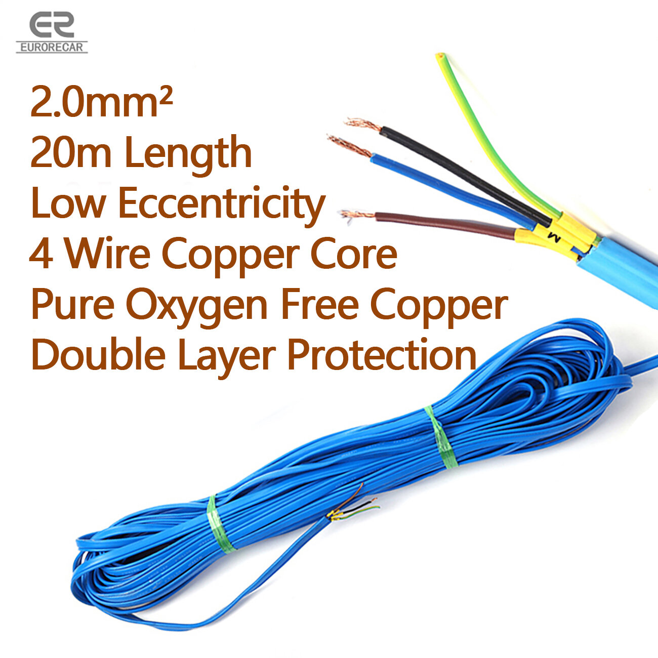 EURORECAR 2 Waterproof Power Cable Insulated Sheath Flat Shape Blue ...