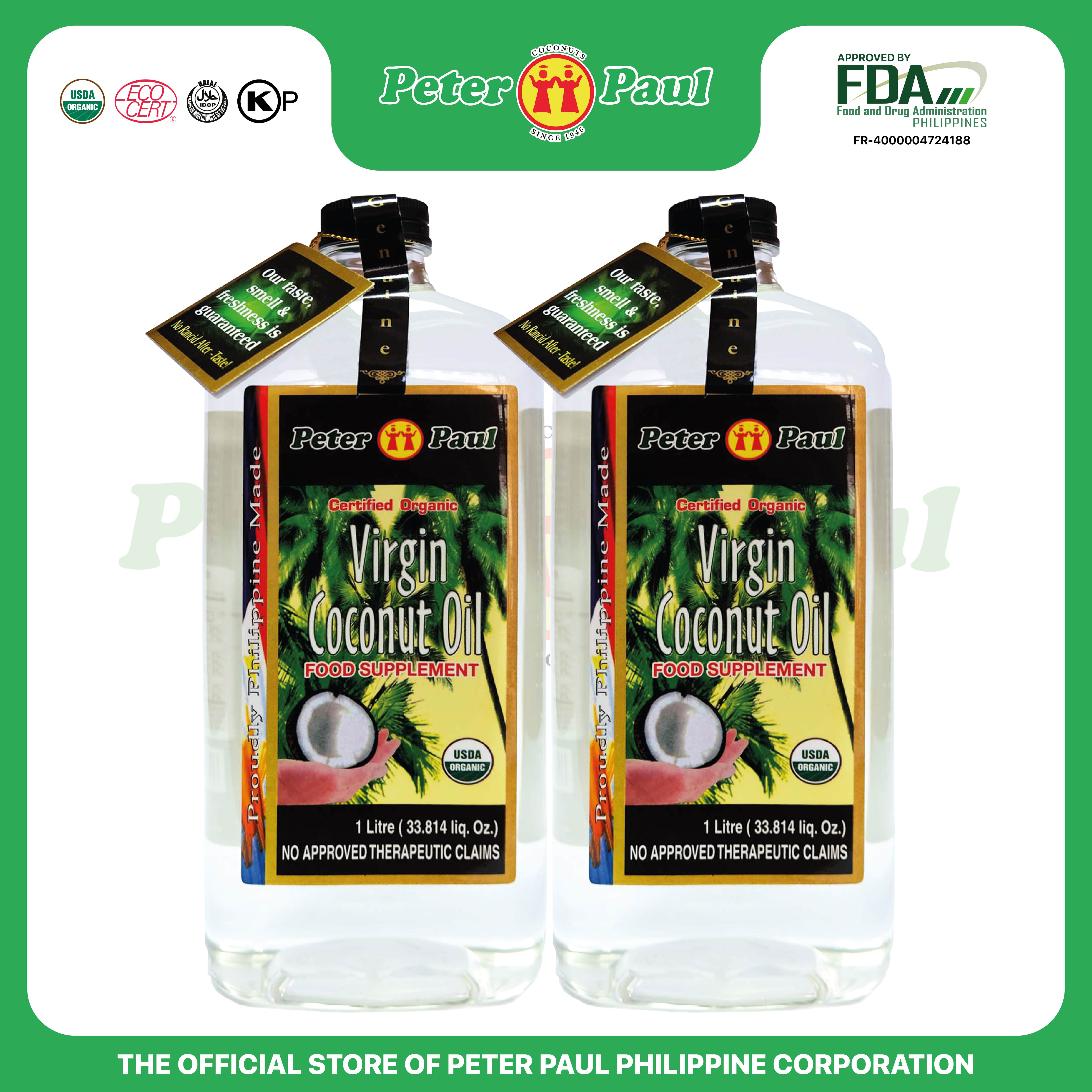 PETER PAUL Organic Virgin Coconut Oil VCO Food Supplement 1 LITER, 2 ...