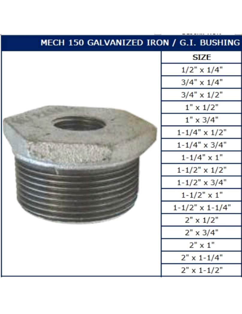 1/2", 3/4", 1", 1 1/4", 1 1/2", 2", 2 1/2", 3" G.I. BUSHING REDUCER ...