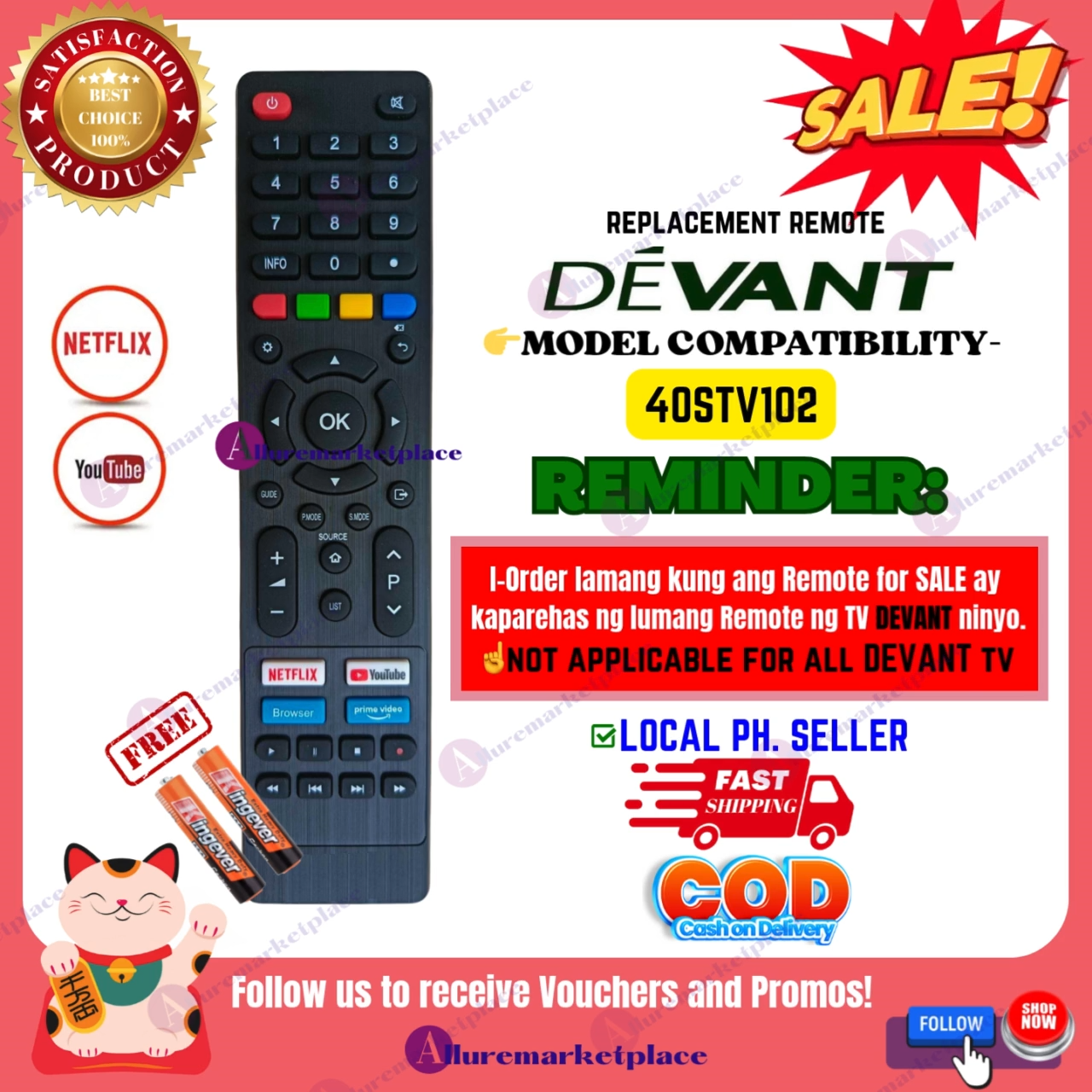 Devant Smart TV Remote Replacement MODEL 40STV102 STV-SERIES 32 ...