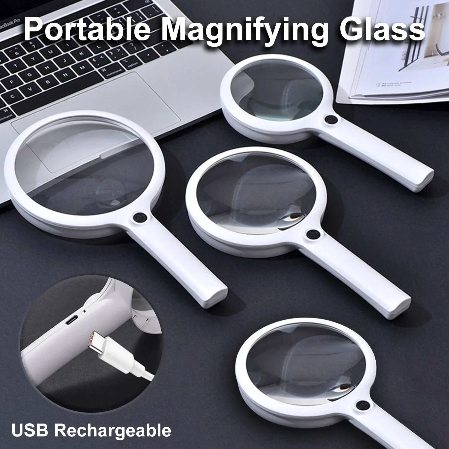 Handheld Magnifier 40/30/20X Rechargeable Illuminated Magnifying Glass ...