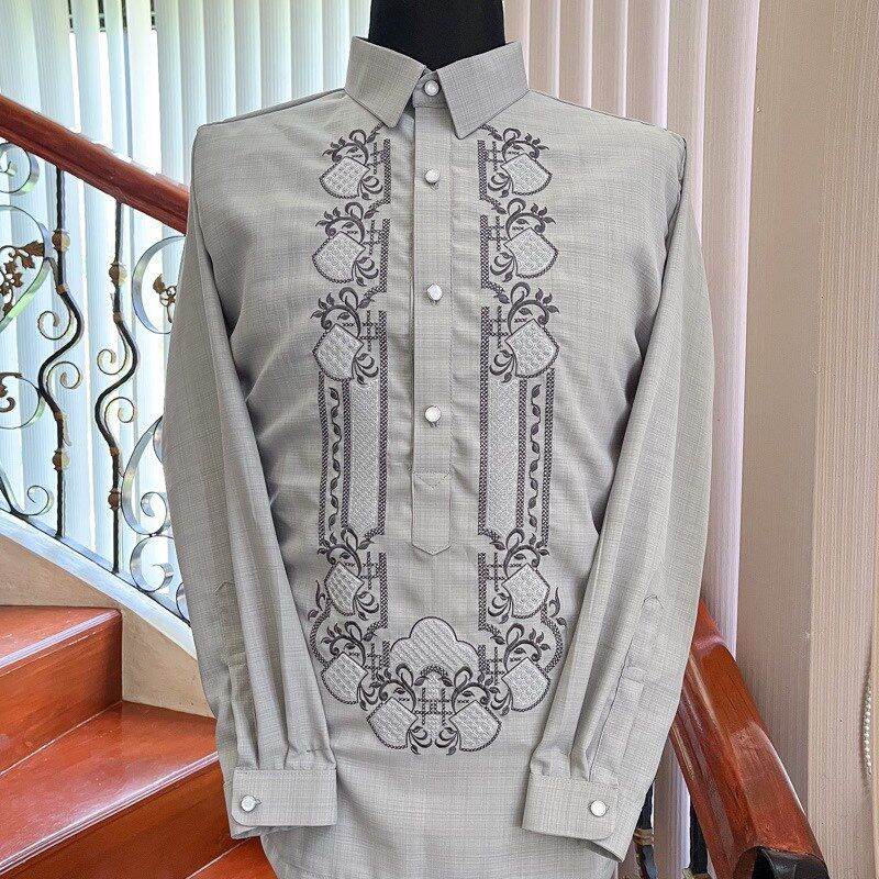 Long Sleeves Polo Barong Light Gray Black Charcoal (Formal Attire ...