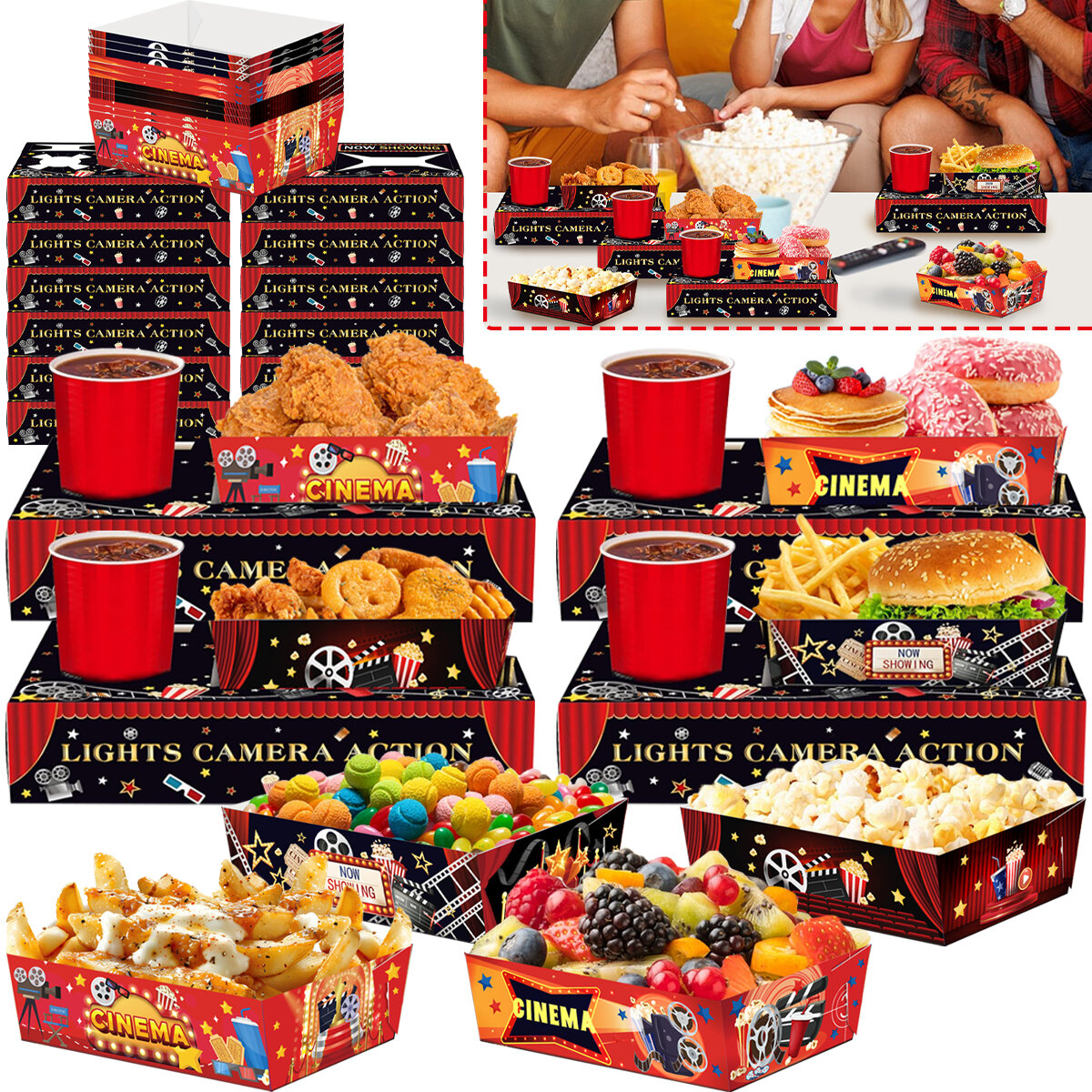 12/24 Pcs Movie Night Snack Trays and Holder Boxes Movie Theater Cinema ...