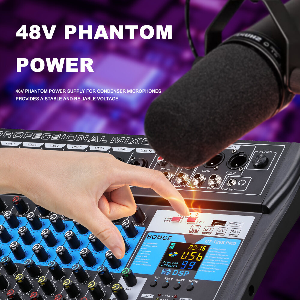 BOMGE Professional dj Mixer Sound Board Console 12 Channel Desk System USB-B Recording 99 DSP ...