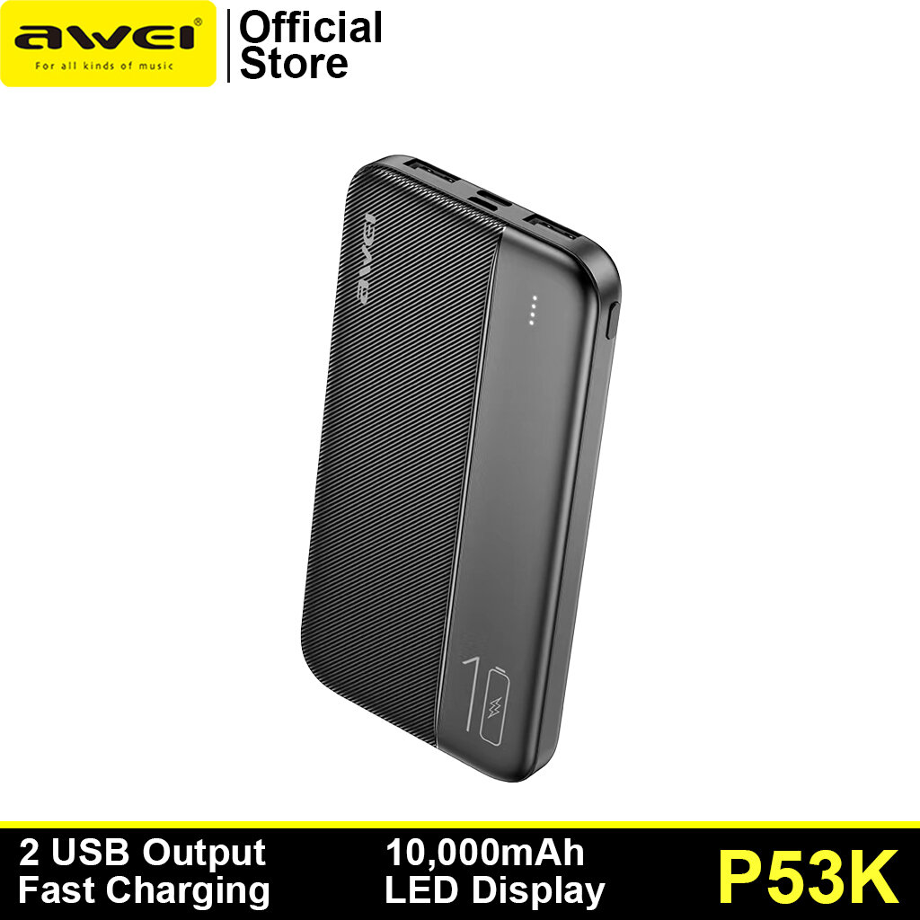 Awei P53K 10000mAh Fast Charging Powerbank 2.1A Long Battery Life LED ...