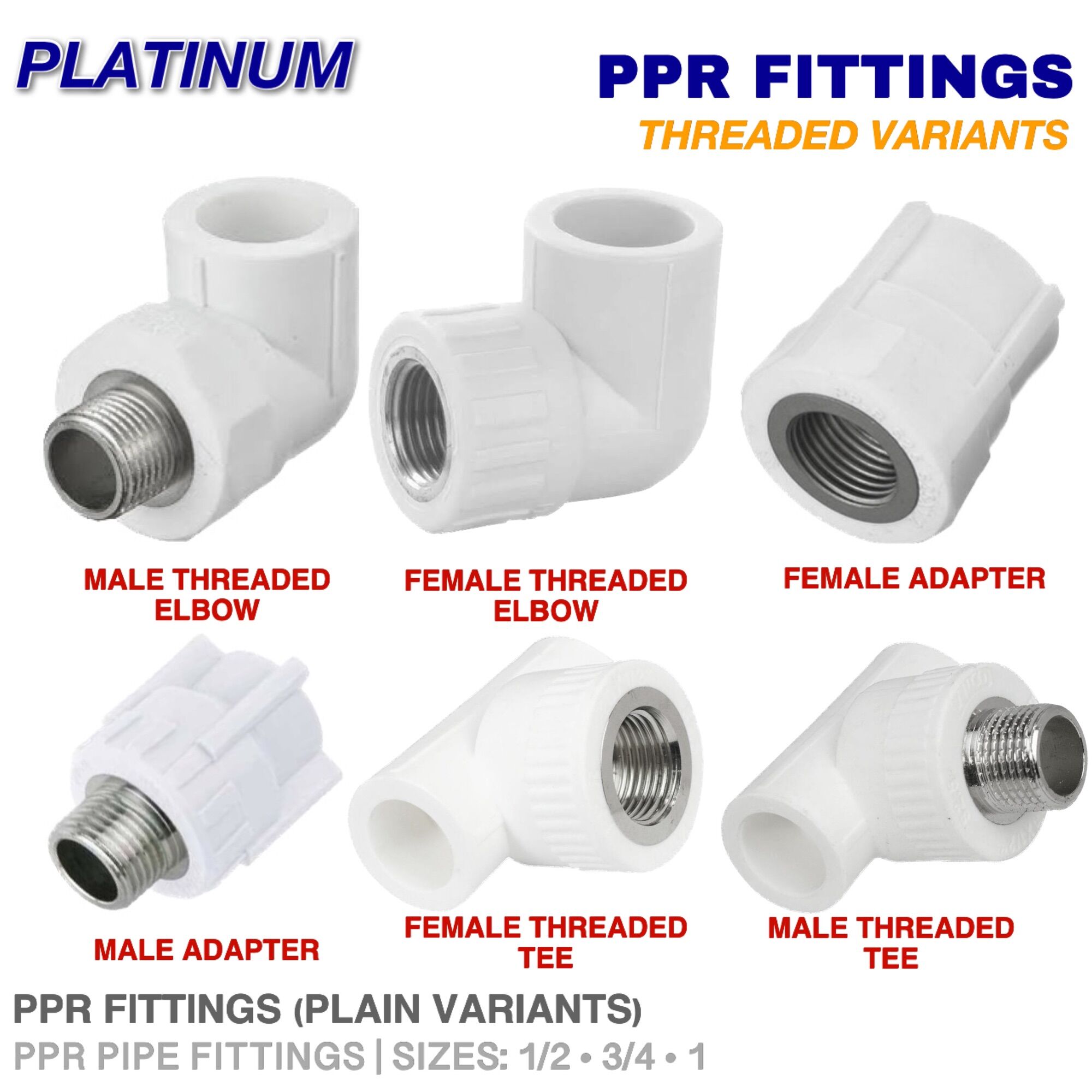 PPR Fittings | Threaded Variants | 1/2 • 3/4 • 1 | Elbow Tee Coupling Adapter End Cap Plug Clip ...