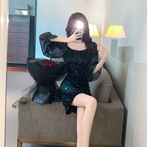 French Style Shiny Stitching Sequin Small Black Skirt Net Red Retro ...