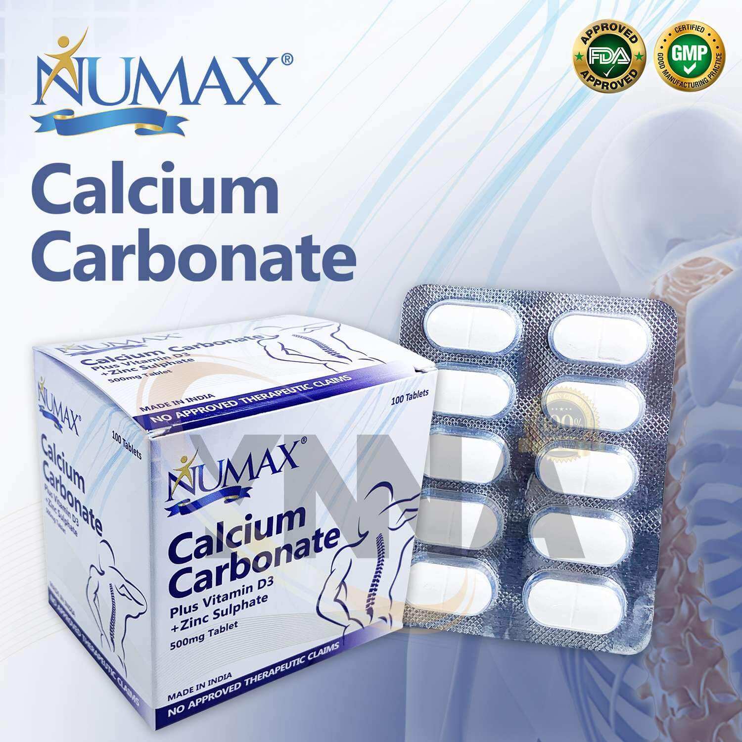 Numax Calcium Carbonate + Vit. D3 +Zinc Sulphate (100 tablets per box ...