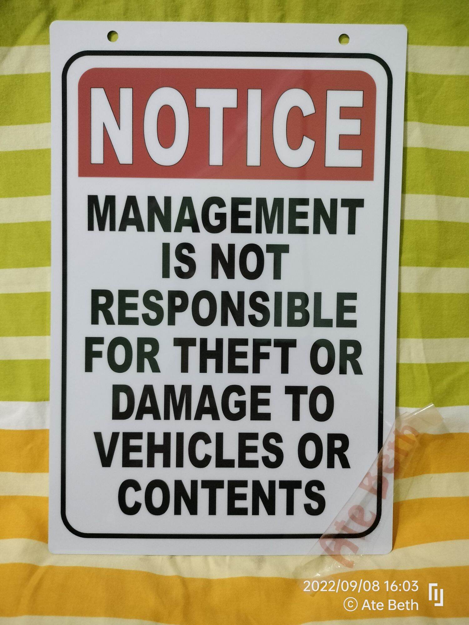 Notice Management is not Responsible for Theft or Damage to Vehicles or ...