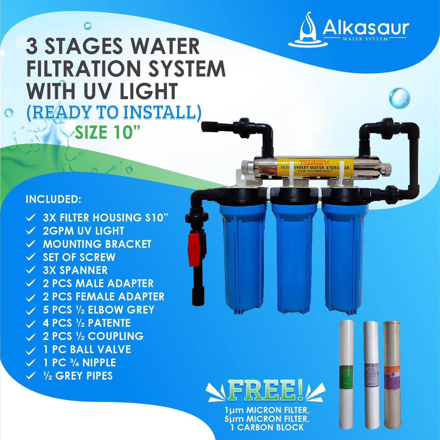 3 Stages 10" Water Filtration System Set with FREE Filters Ready to ...
