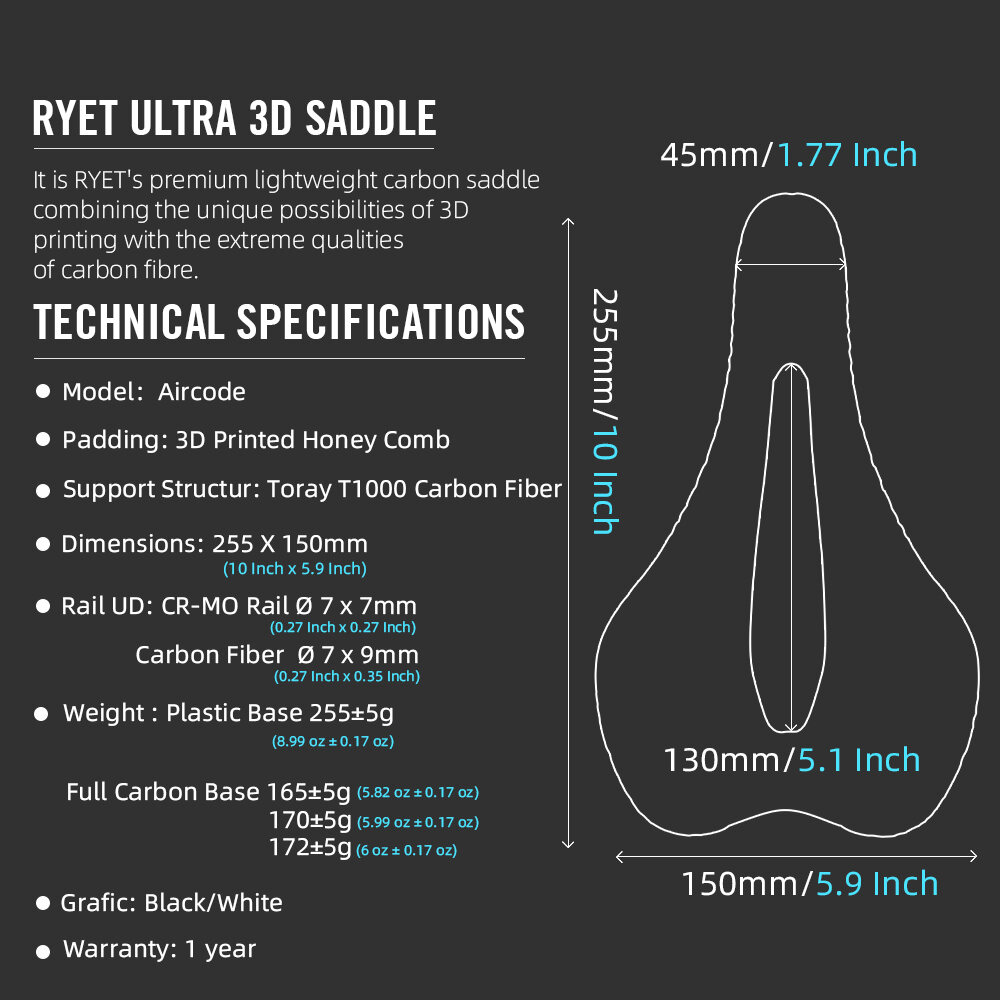 RYET 3D Printed Bike Saddle Ultralight Carbon Fiber Hollow Comfortable Breathable MTB Gravel ...