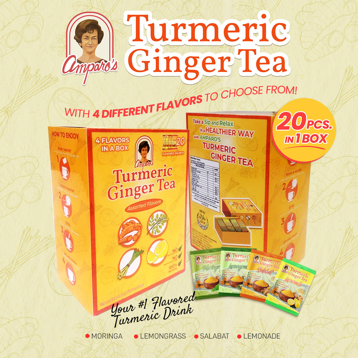 AMPARO'S TURMERIC GINGER TEA 4 FLAVORS 20's SACHETS Salabat Lemongrass ...
