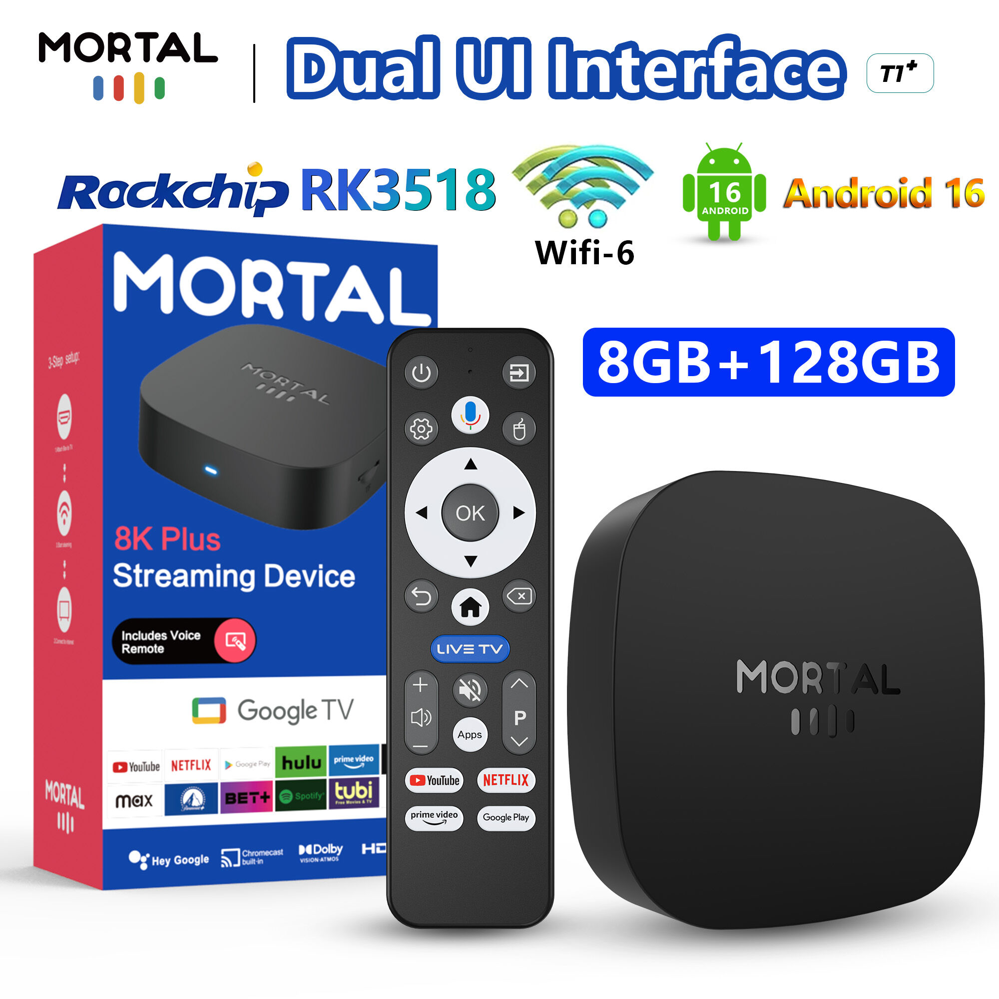 Mortal T1+ RK3518 Rockchip Smart TV Box BT5.4 Android 16.0 ROM 128GB ...