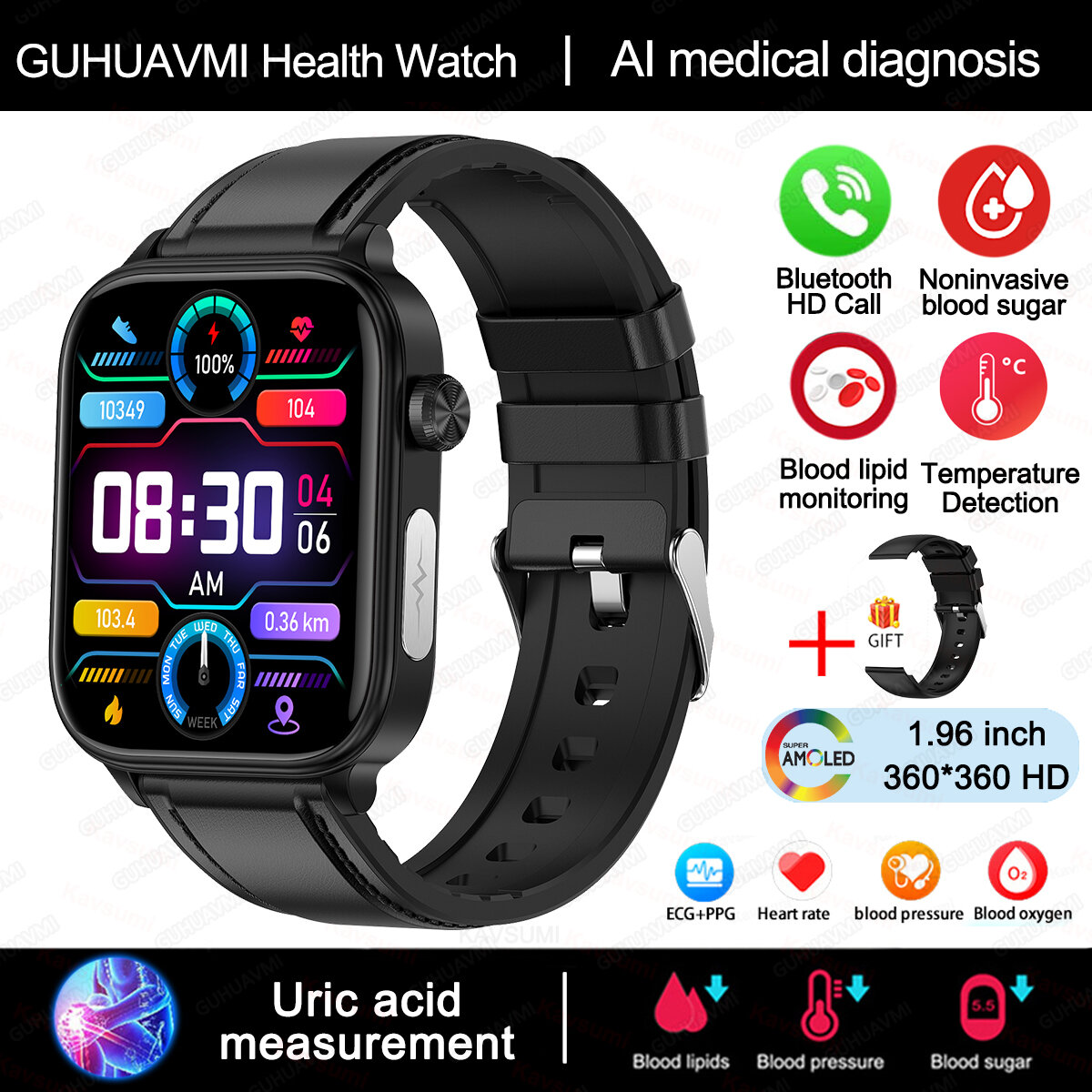 2024 New Blood Lipids Uric Acid Non-Invasive Blood Glucose Smart Watch Men ECG+PPG Bluetooth ...