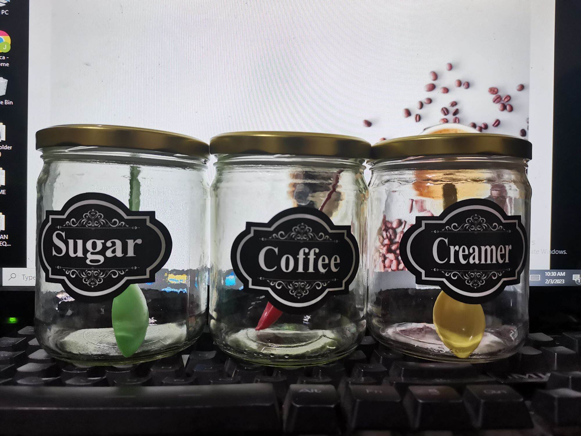 3n1 500mL Coffee Cream Sugar Glass Container Set with Spoon and Label ...