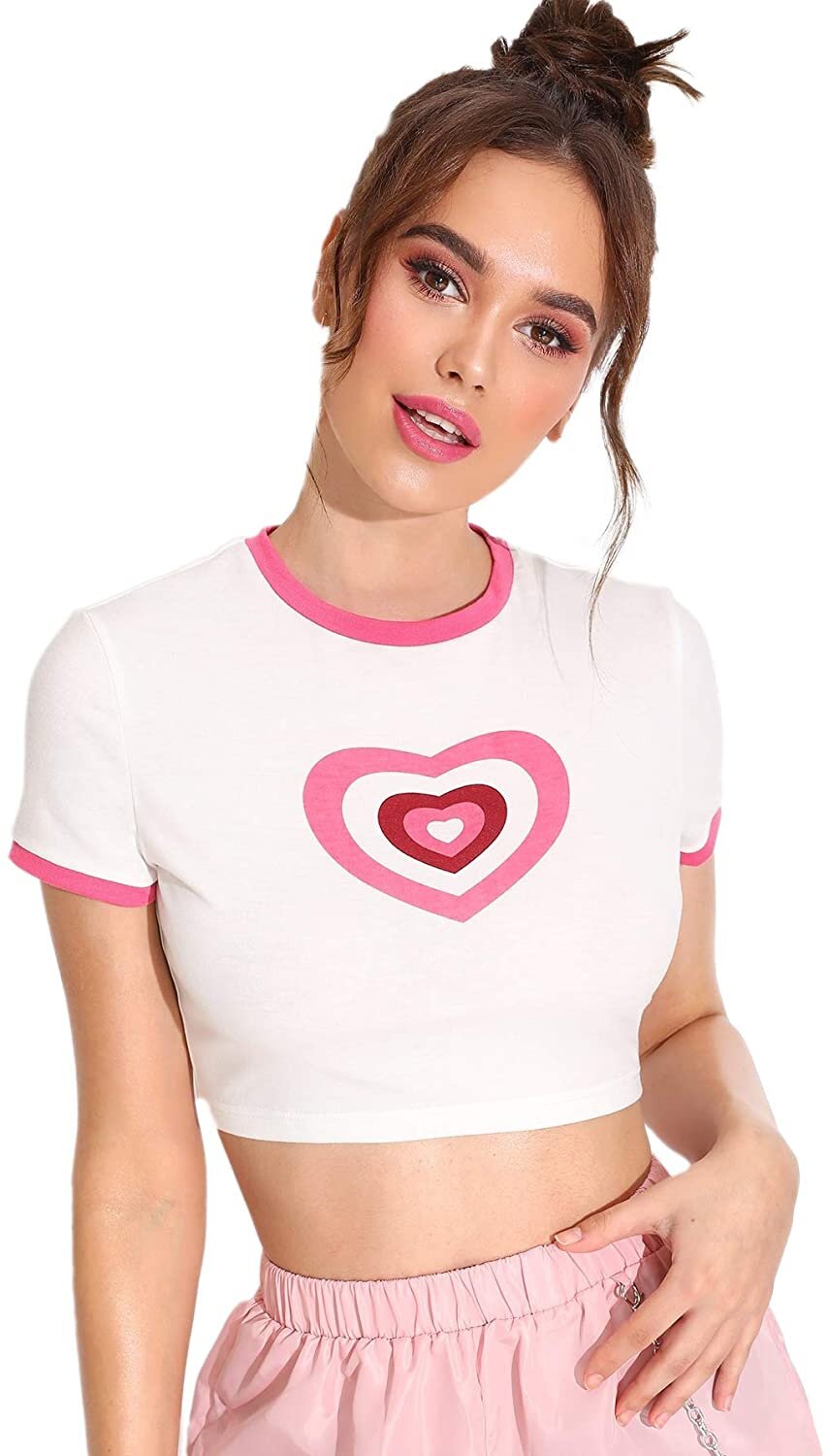 Shein Heart Print Contrast Binding Crop Tee