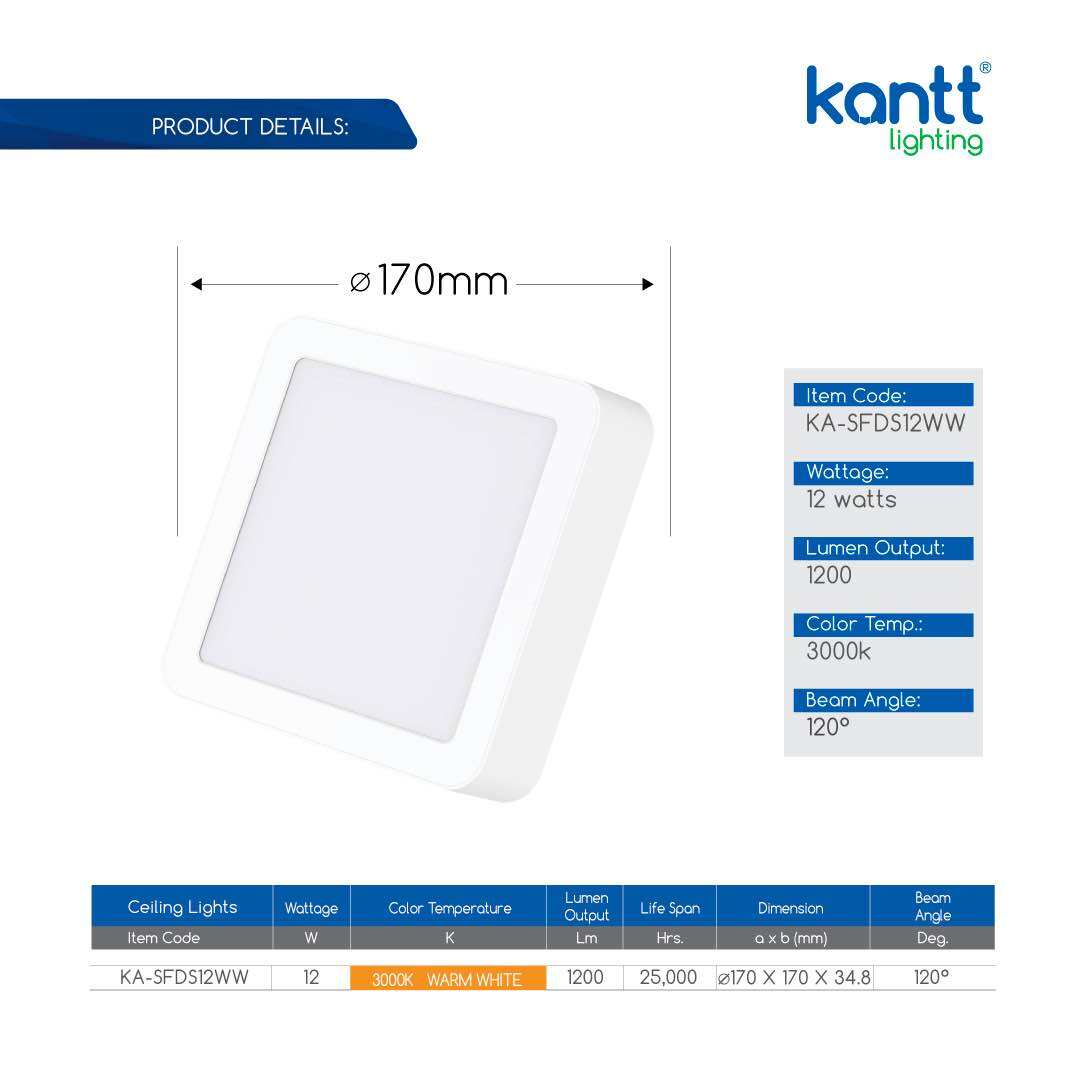 Kantt Lighting Warm White LED Surface Square Downlight - 6W / 12W / 18W ...