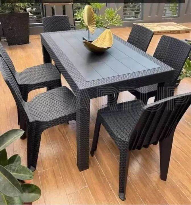 HDD rattan plastic table and chair 6seaters dining set black and brown ...