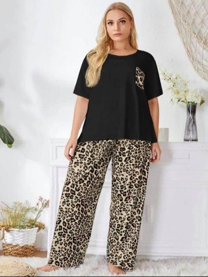 Plus size Leopard Animal print Pajama Set with pocket patched (Large up ...
