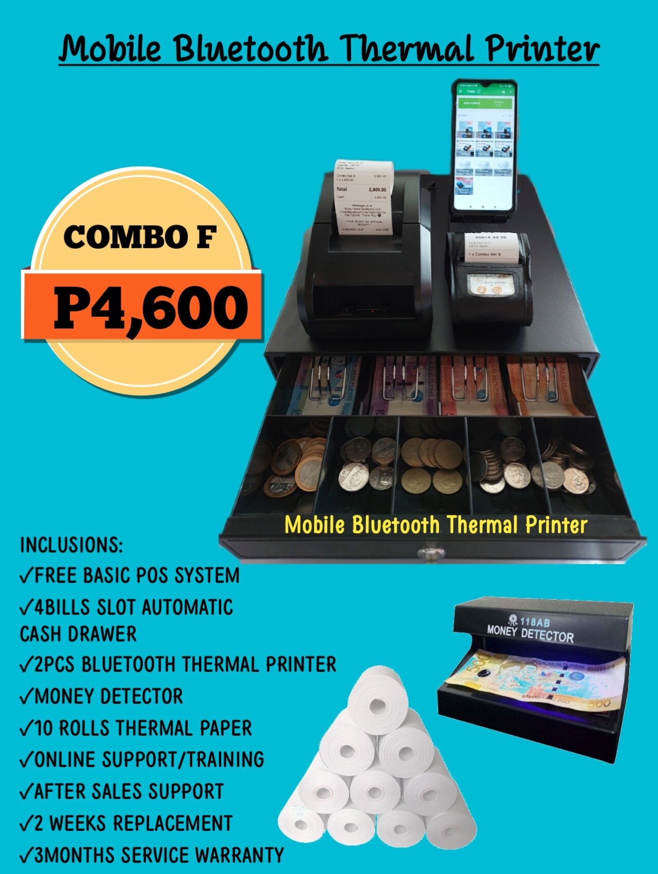 Combo Set F 2pcs Thermal Printer with Free Basic POS System, Money Detector and Cash Drawer ...