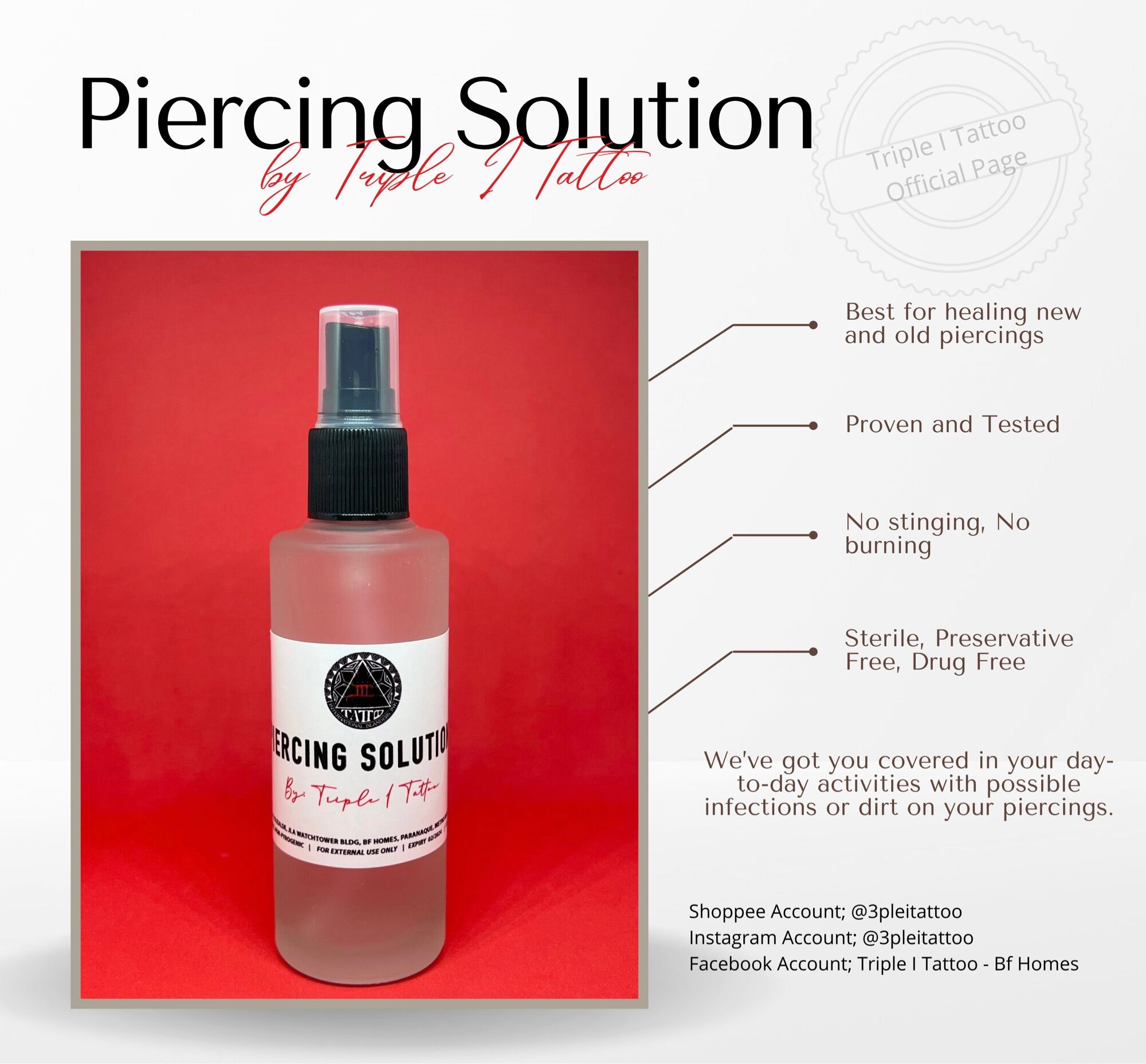 Piercing Solution Piercing Aftercare By Triple I Tattoo 100ml | Lazada PH