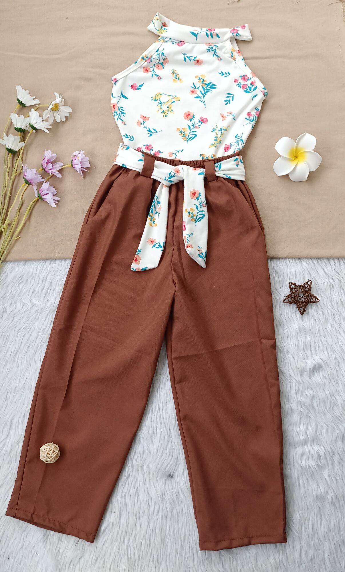 Printed halter trouser terno for kids girl (top,pants,belt) | Lazada PH