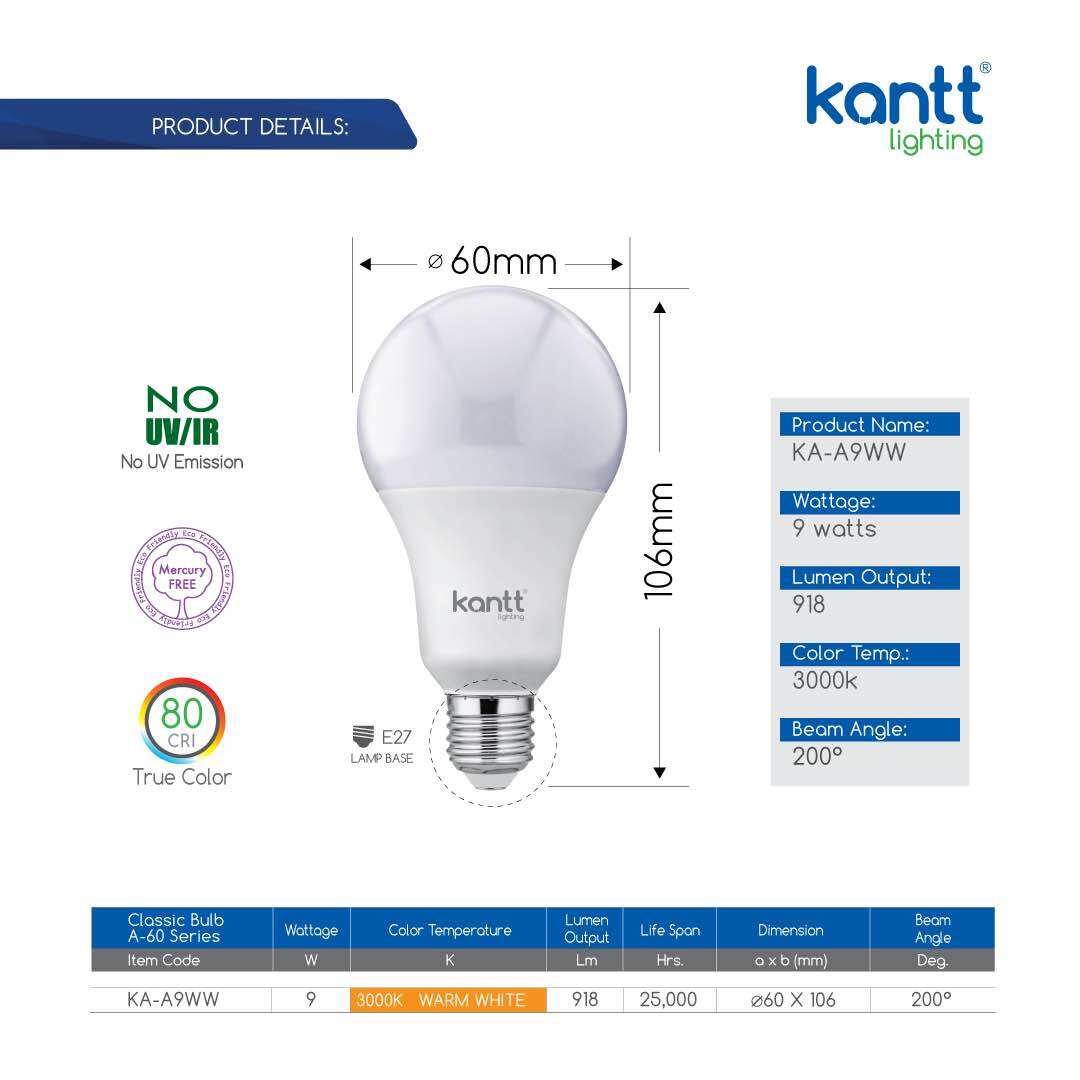 Kantt Lighting Warm White Classic LED Light Bulb - 3W / 4W / 5W / 7W ...
