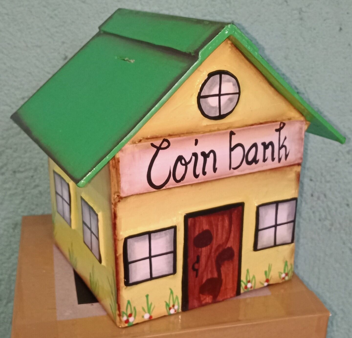 House coin bank Large size 5x5x7 inches made of chipboard hand painted ...